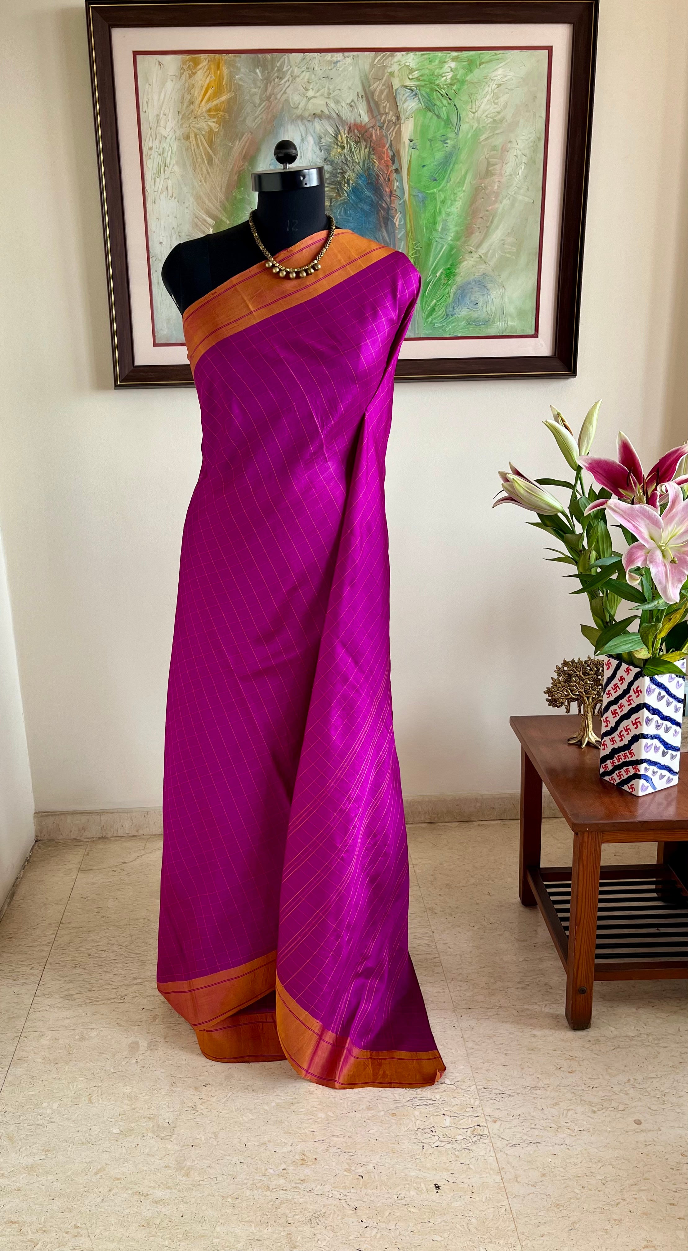 RUJITHA - MAGENTA KANJIVARAM WITH UNUSUAL CHECKED CONTRASTS – MOS Preloved